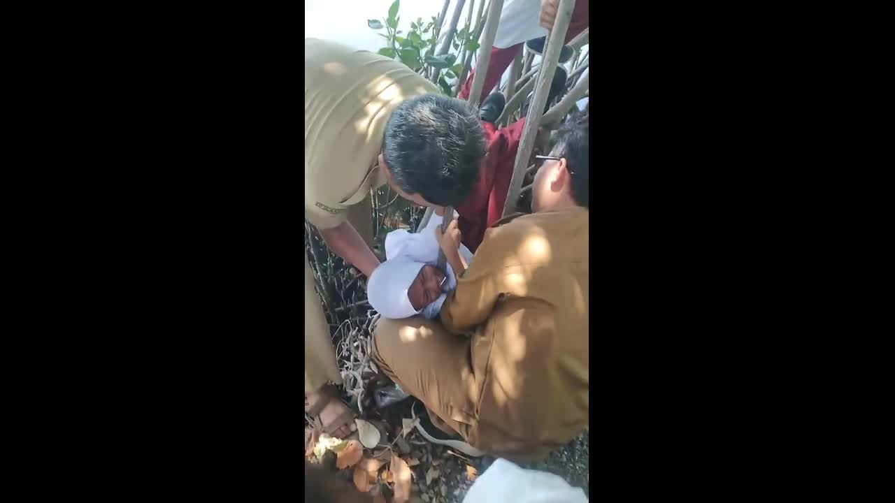 Kid gets stuck in branches in East Java, Indonesia