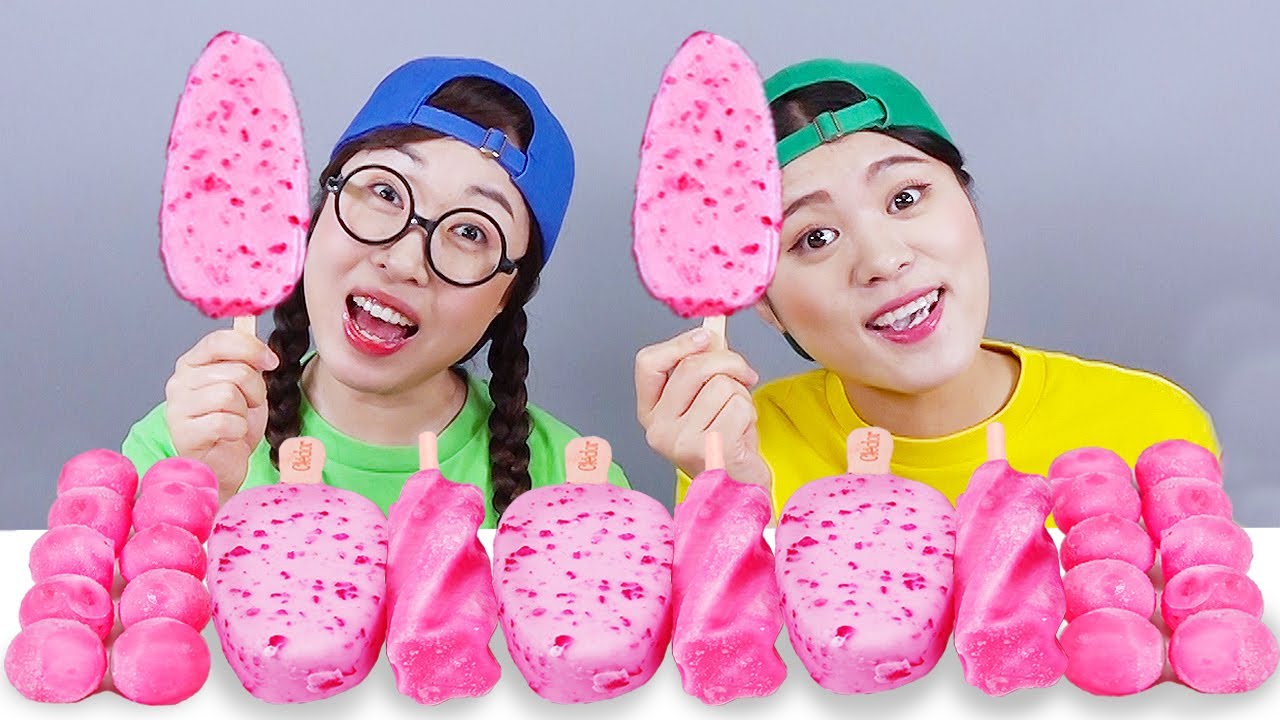 Makanan Penutup Es Krim Makanan Merah Muda Mukbang DONA