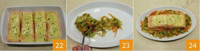 Salmon fillets on julienne of Brussels sprouts, leeks, and carrots