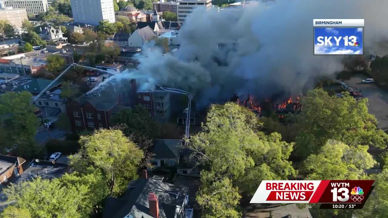 Drone video shows crews battling massive Birmingham fire