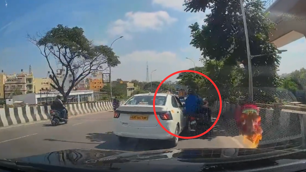 Bengaluru Shocking Road Rage Caught on Dashcam: Cab Driver Deliberately Rams Into Biker on Flyover