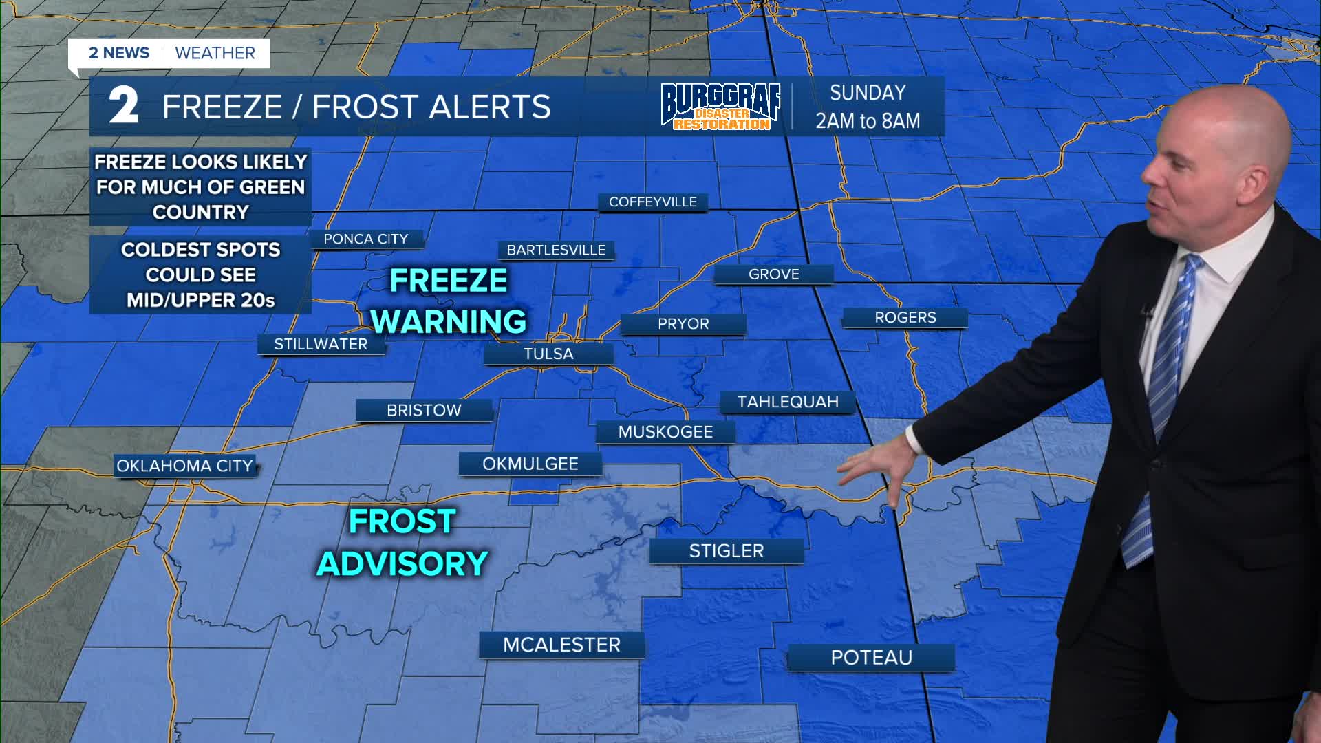 Freeze Warnings and Frost Advisories in effect for early Sunday morning