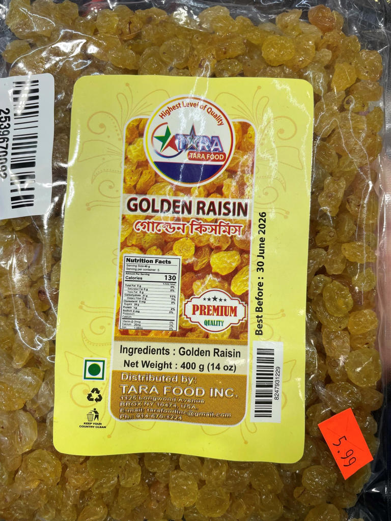 "Tara Food Golden Raisins" pulled statewide due to undeclared sulfites