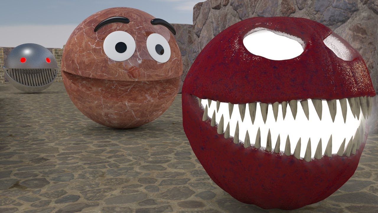 Red monster Pacman vs marble Pacman vs RoboPac