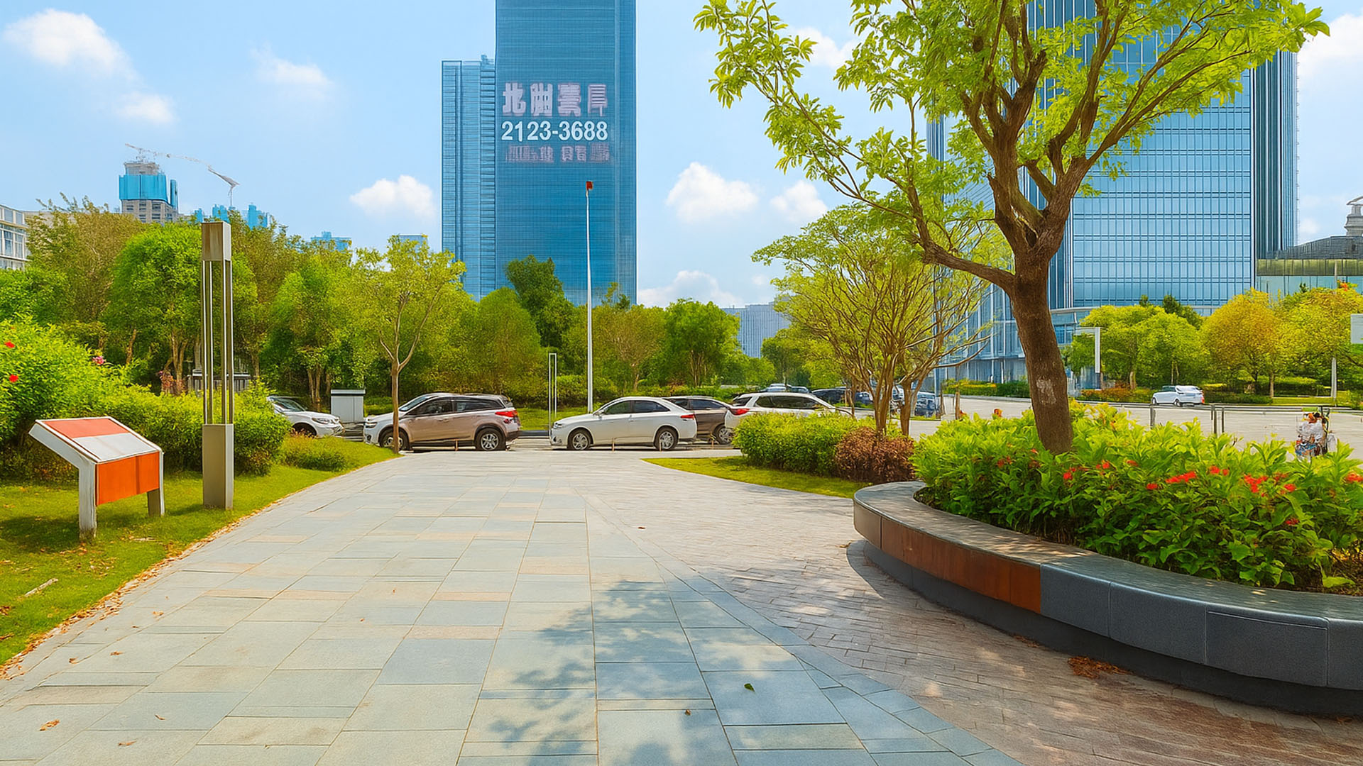 Paseando por un parque moderno y tranquilo