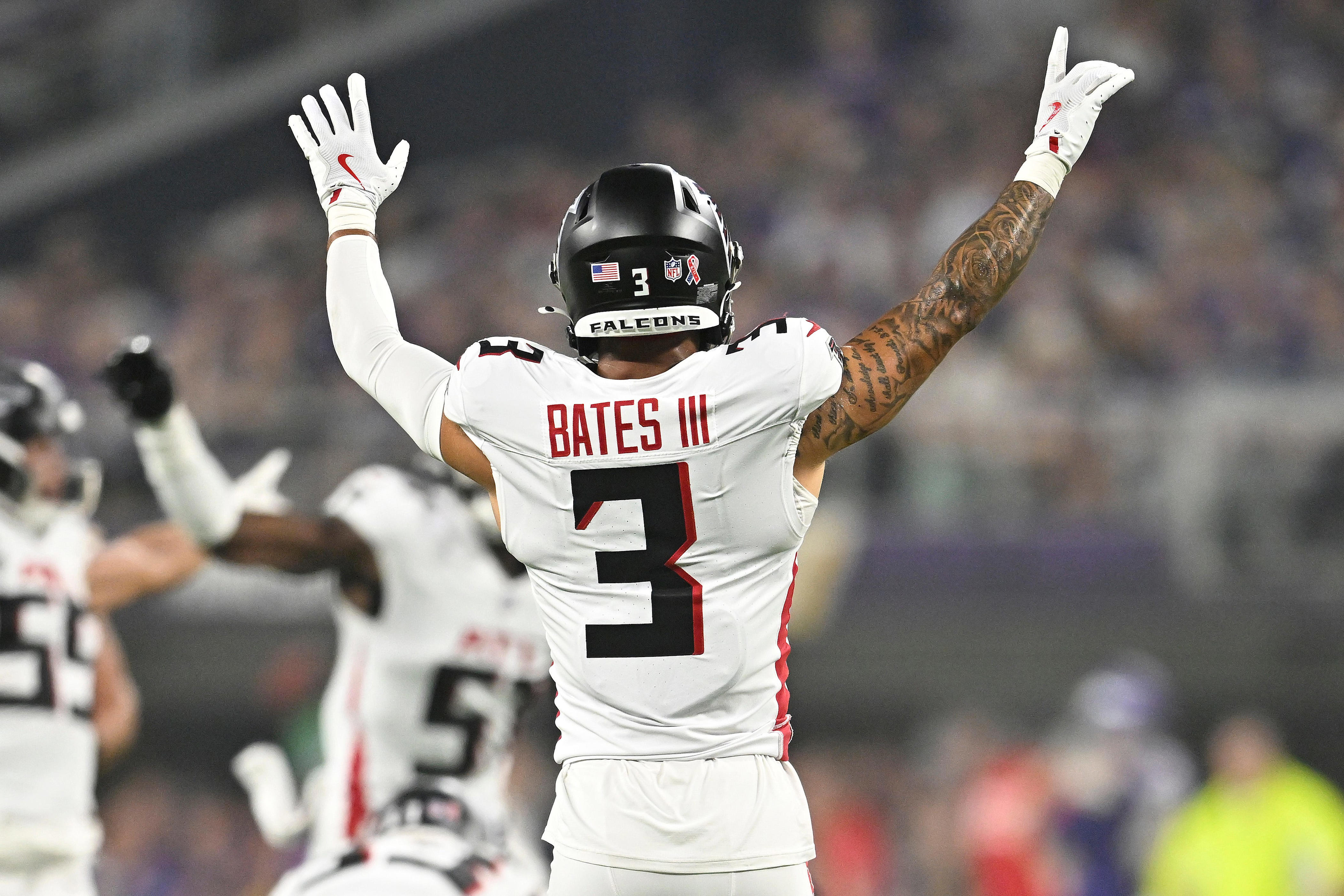 Falcons safety Jessie Bates intercepts overthrown Drake Maye pass