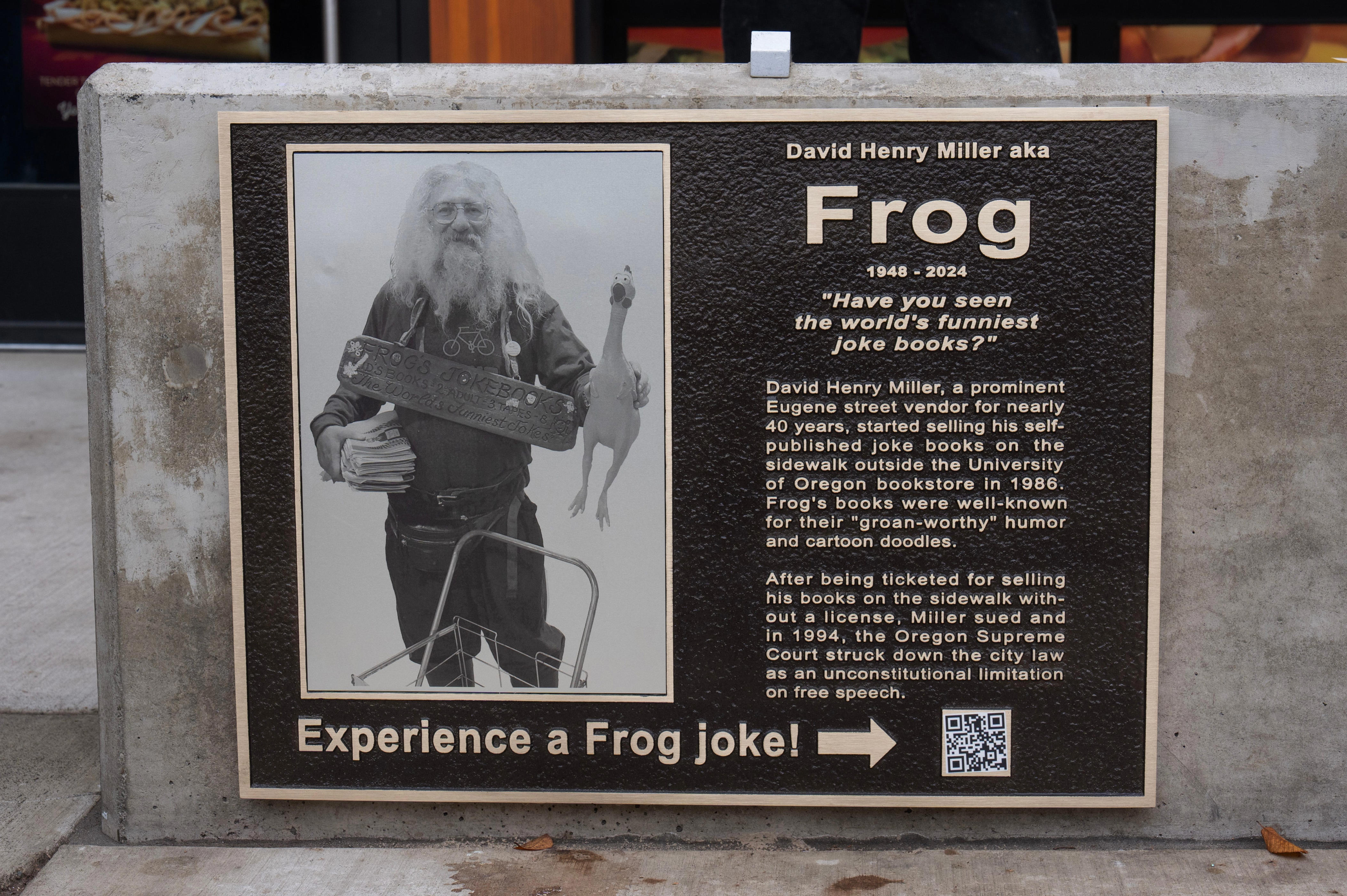 Memorial to local joke book creator David "Frog" Miller unveiled