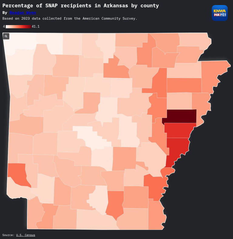 MAP: Percentage of SNAP, food stamp recipients by county in Arkansas