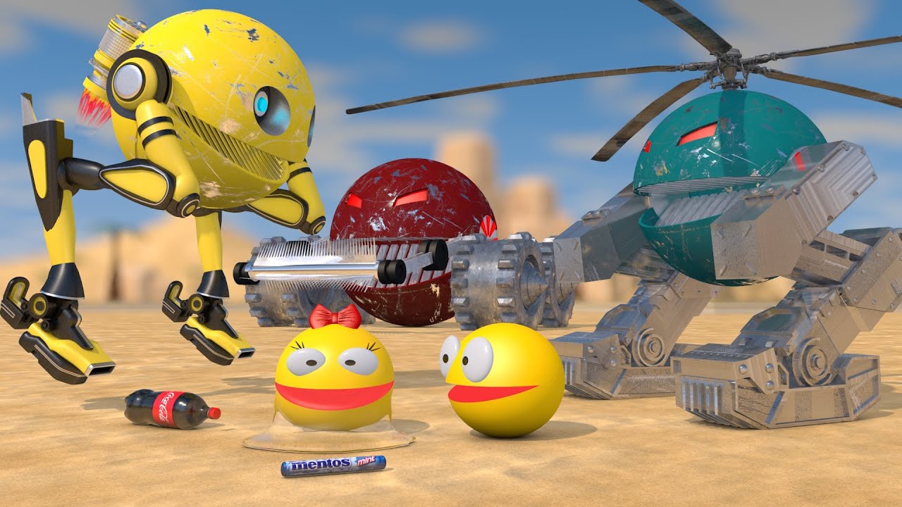 Pacman & two-legged flying robot Pacman vs bulldozer robot and ...