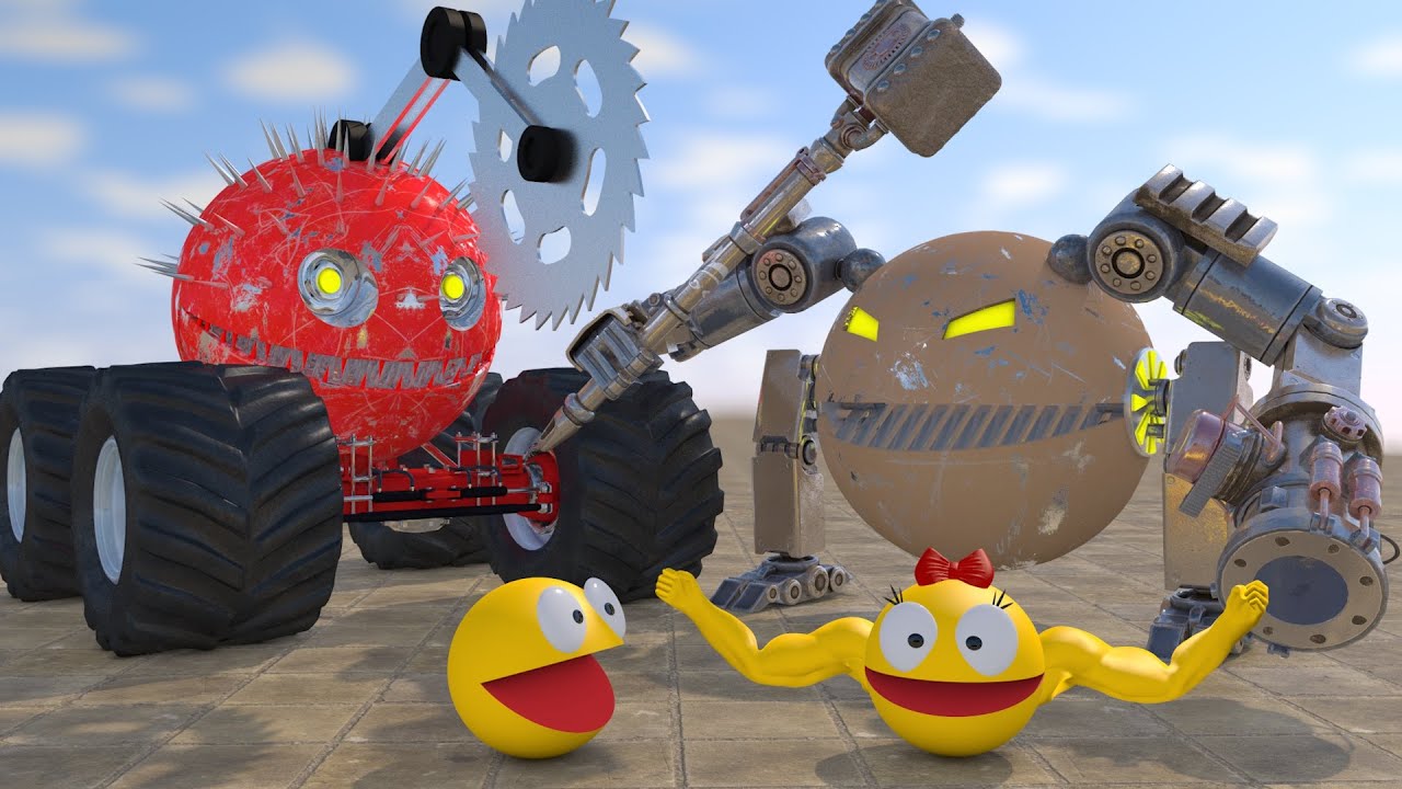 Pacman vs monster truck robot and two-legged steampunk robot