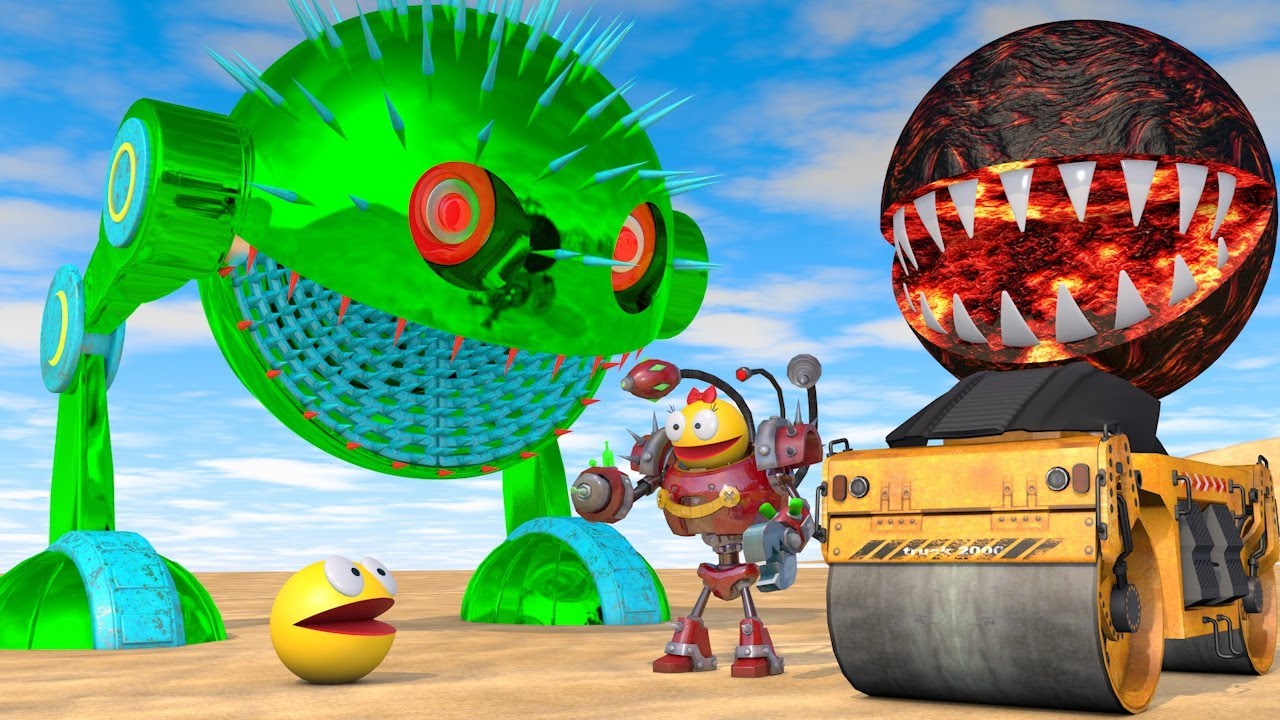 Pacman vs monsters #9 compilation (two-legged robot, road roller robot ...