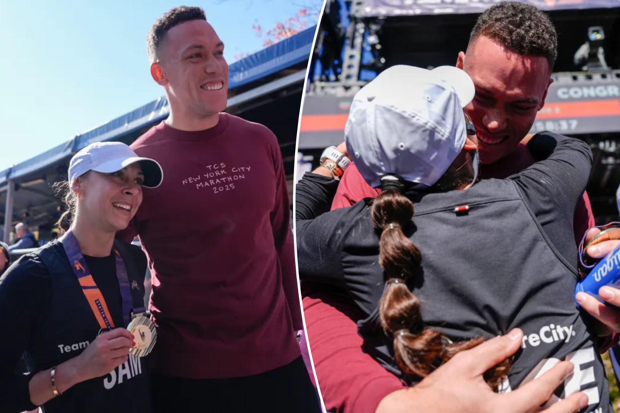 Aaron Judge hugs wife Samantha after she completes 2025 NYC Marathon