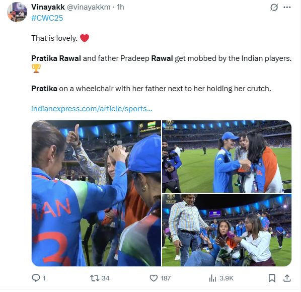 On wheelchair, Pratika Rawal celebrates India's World Cup win with ...