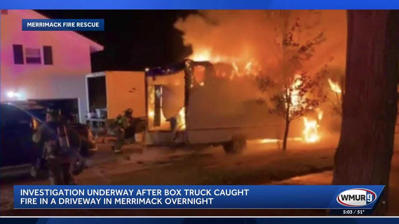 Investigation underway after box truck catches fire in Merrimack driveway