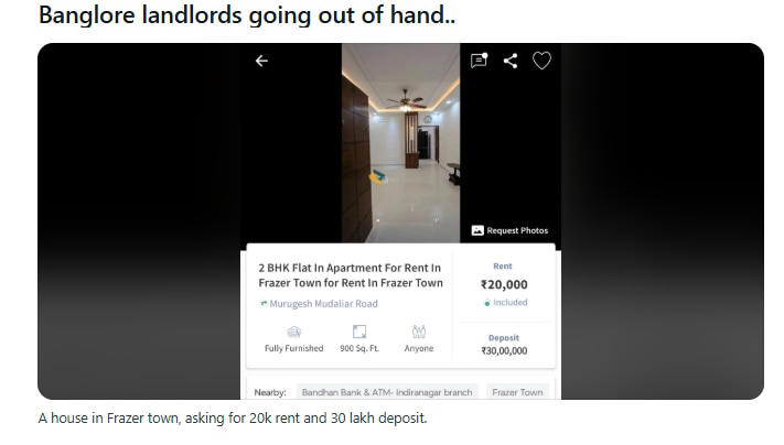 Bengaluru landlord demands Rs 30 lakh deposit for 2BHK, Reddit calls it ...