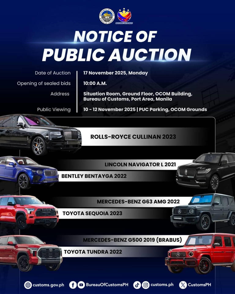 Customs to auction 7 Discaya-owned luxury cars on Nov 17, public viewing on Nov 10-12