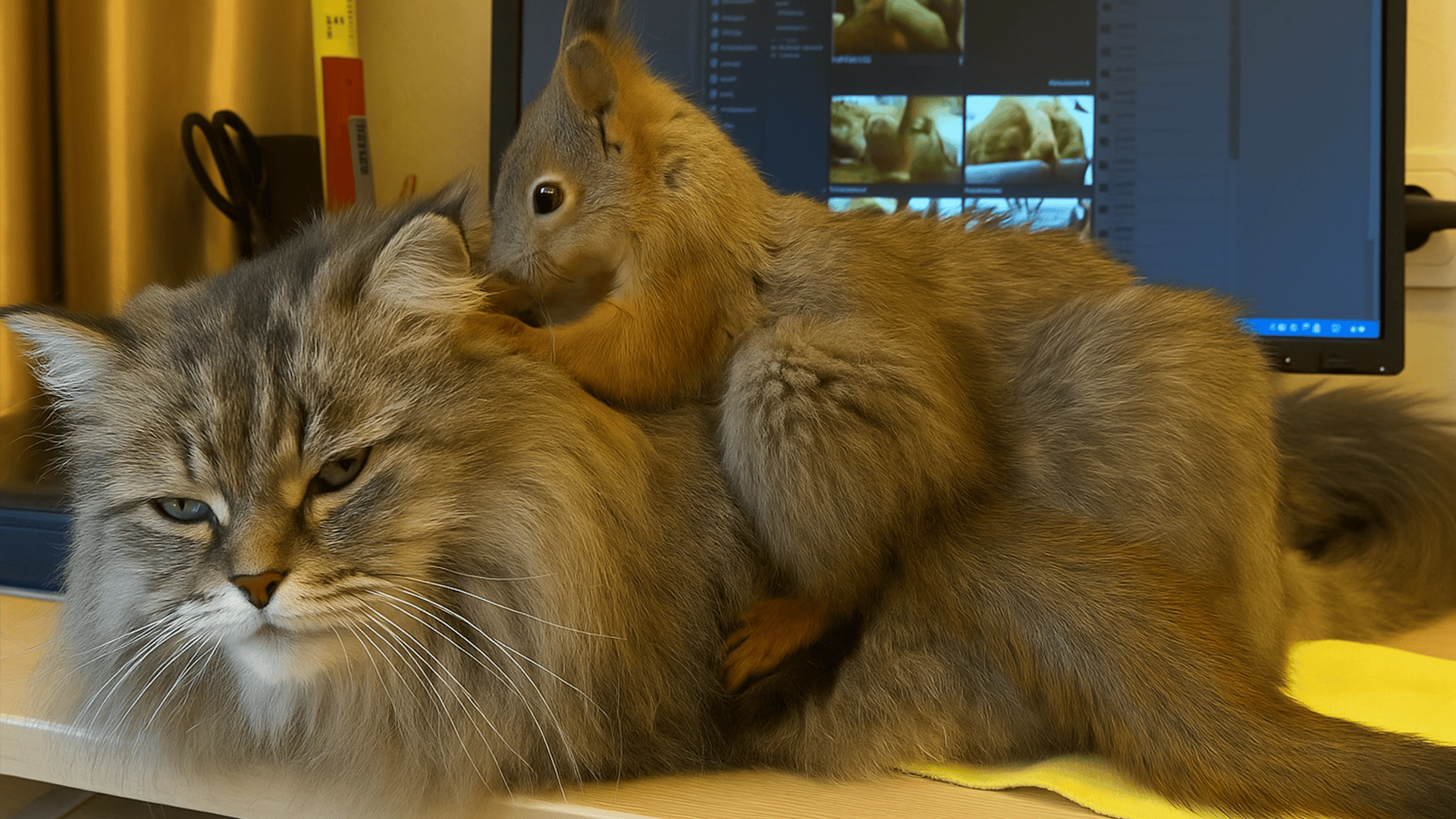 Squirrel Rides on a Fluffy Cat’s Back
