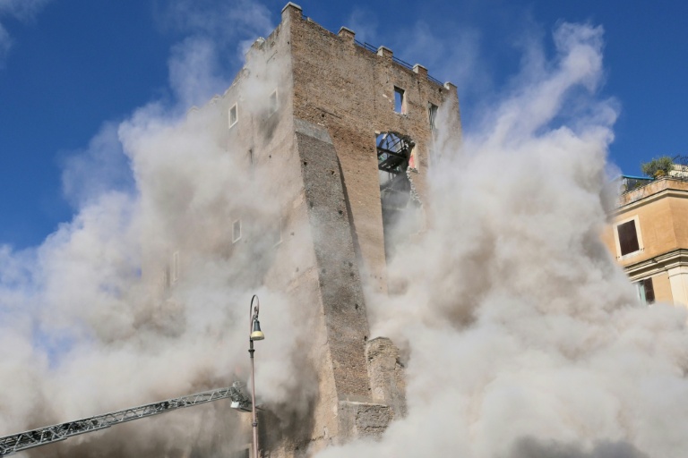 Medieval tower partially collapses in Rome, trapping worker