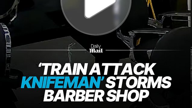 Moment 'knifeman who hurt 11 in train attack storms into barber shop'