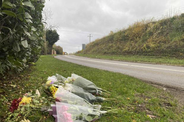 Flowers left at roadside after three killed in cement mixer crash