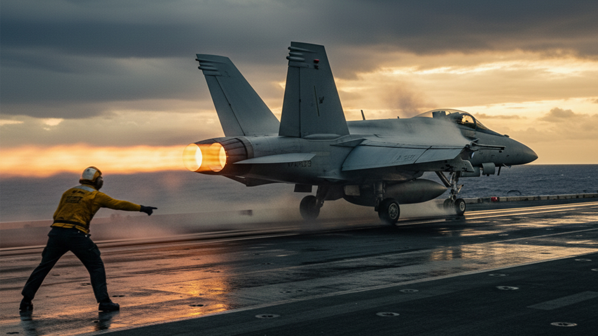 Décollage de nombreux avions de chasse à pleine puissance