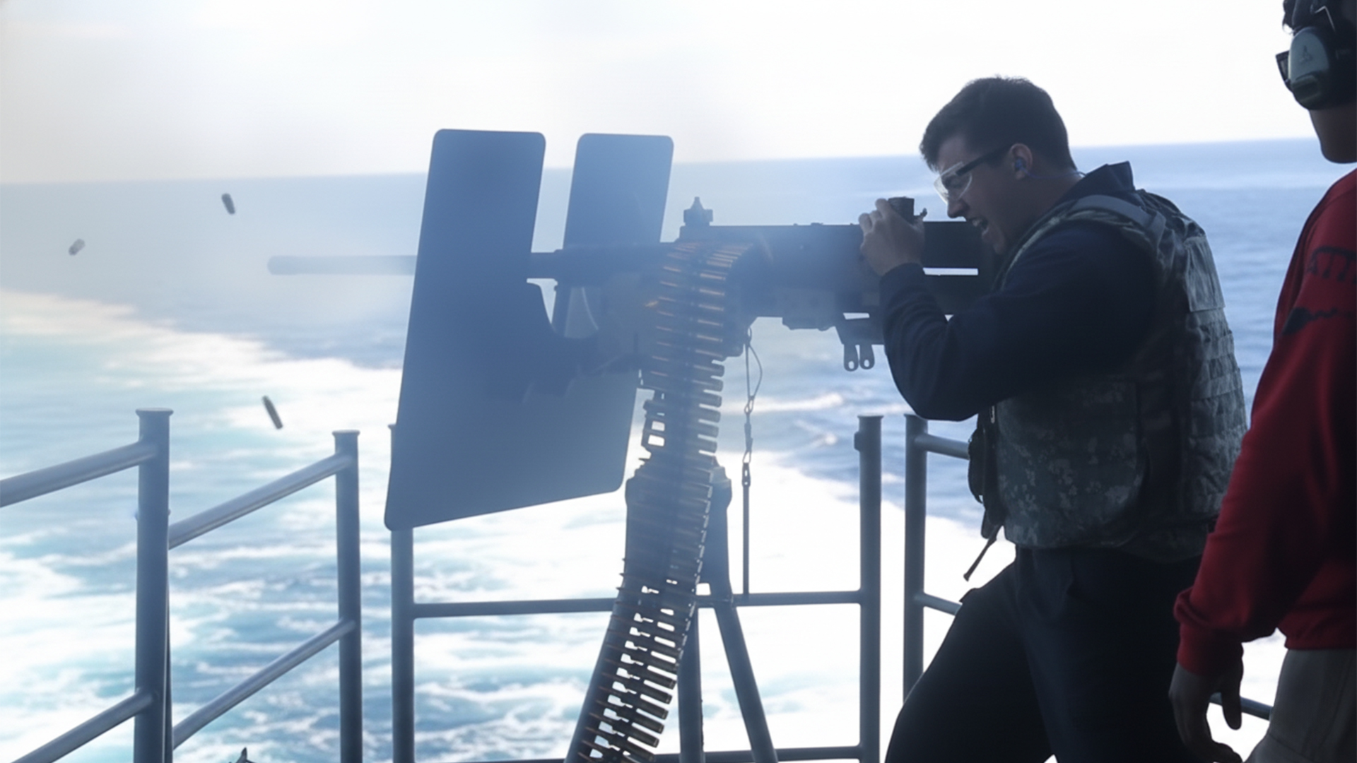 US Navy Firing .50 Caliber Machine Gun in Training