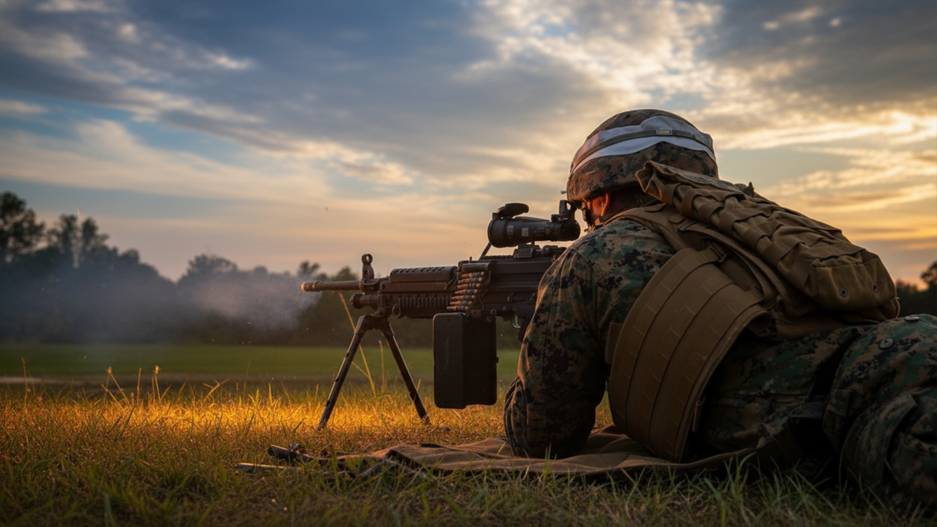 Skilled US Marines Fire M249 and M240B Machine Guns