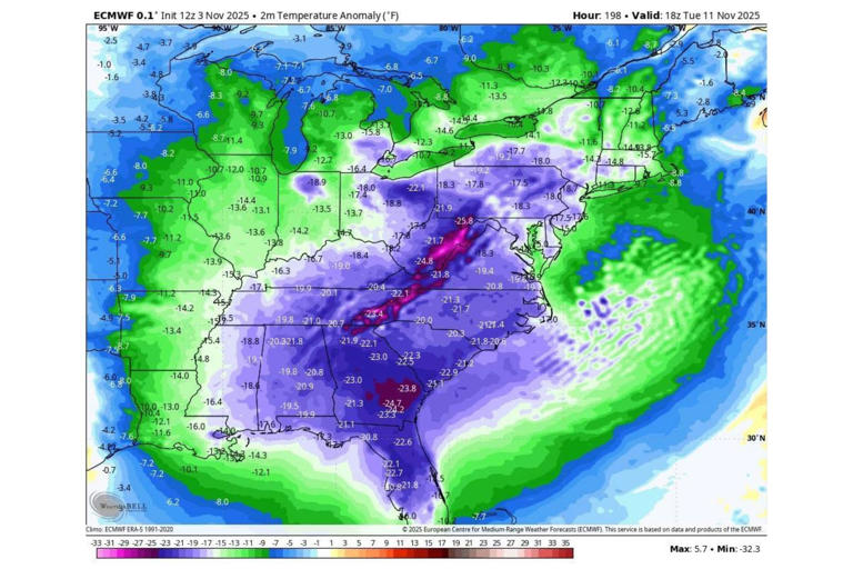 Winter weather map shows "big-time cold front" set to hit US
