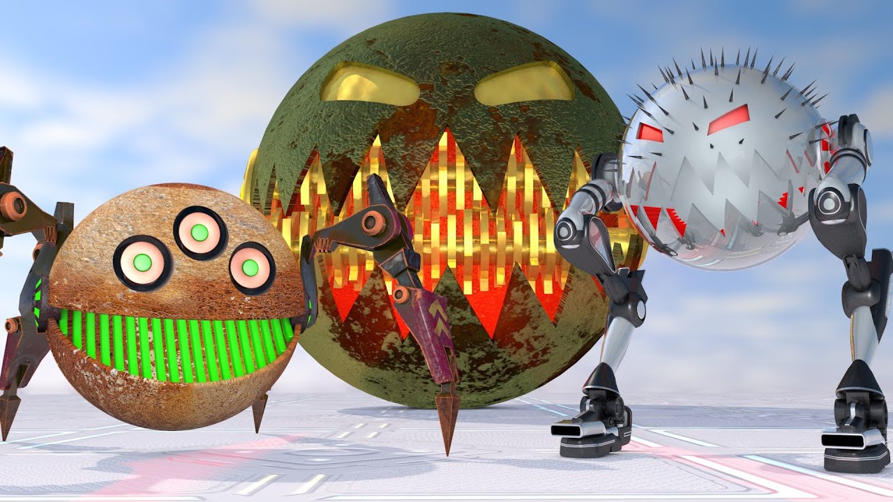 Golden shredder robot Pacman vs quadruped rusty robot vs walking chrome ...