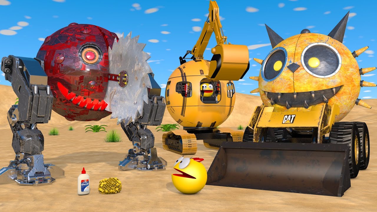 Pacman vs Bobcat robot and two-legged saw robot