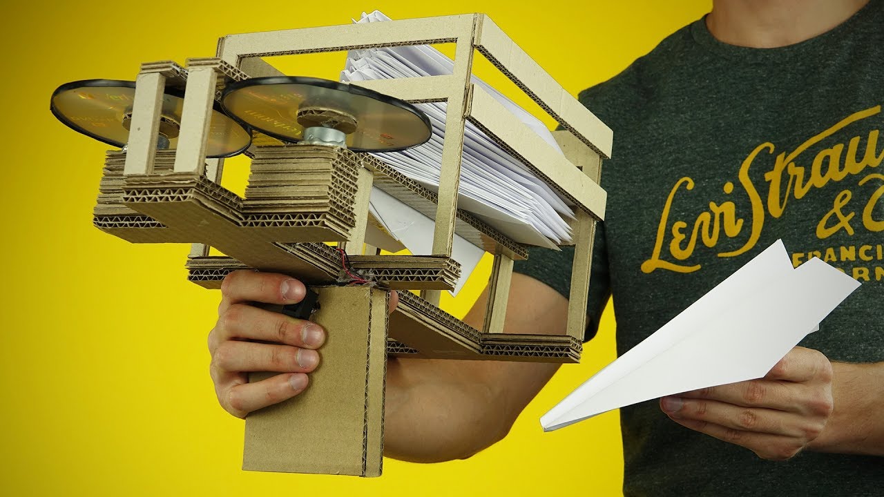 How to build a motorized paper airplane launcher from cardboard & CDs