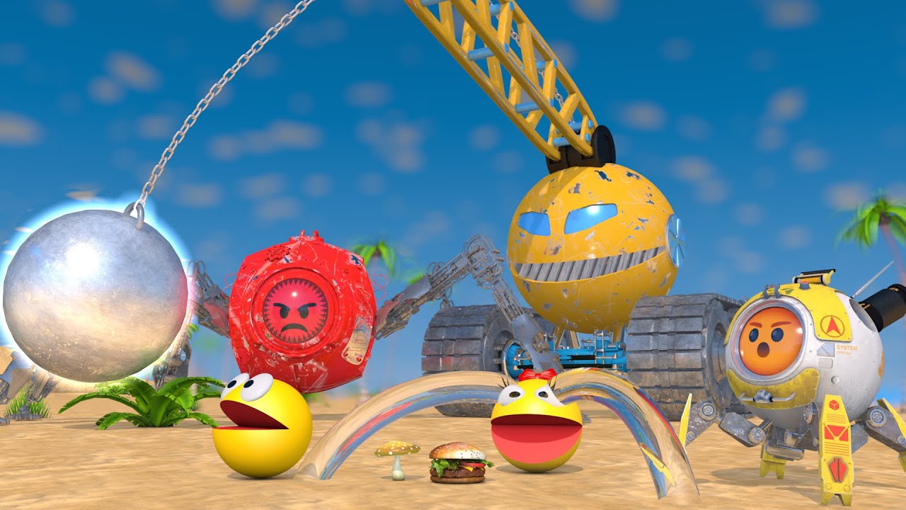 Pacman vs wrecking ball crane tractor & spider robot monster