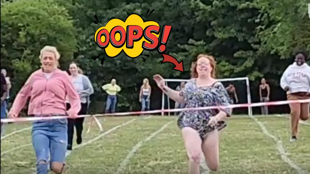 Funny moment as mum takes a tumble during a race at daughter's sports ...
