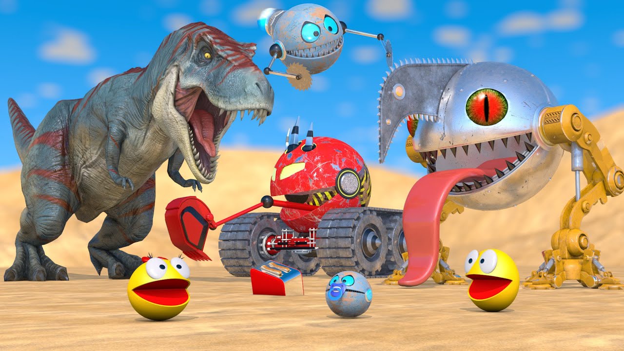 Pacman & baby robot Pacman vs excavator robot & long-tongued walking ...