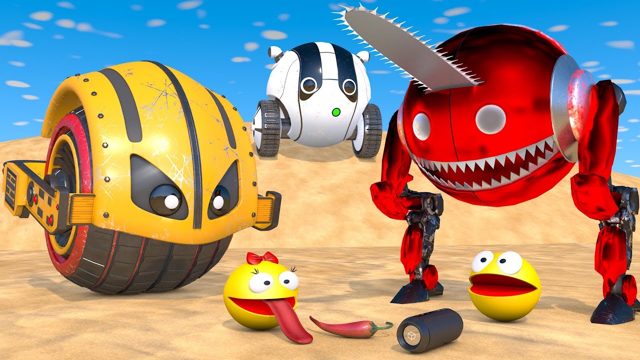 Pacman vs two-legged chainsaw robot & road roller robot monsters