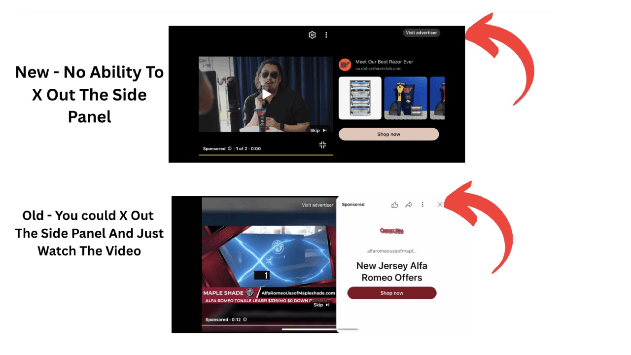 YouTube locks sidebar on mobile ads, removing close option