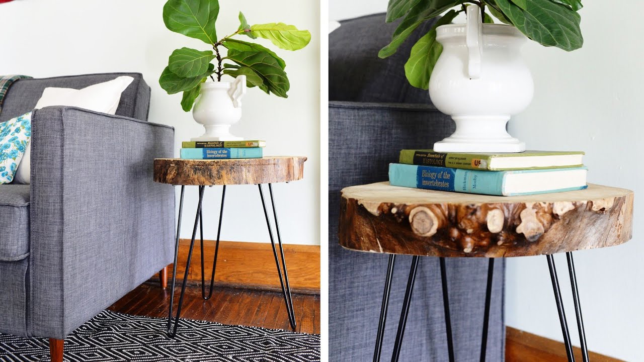 DIY wood slab side table with hairpin legs