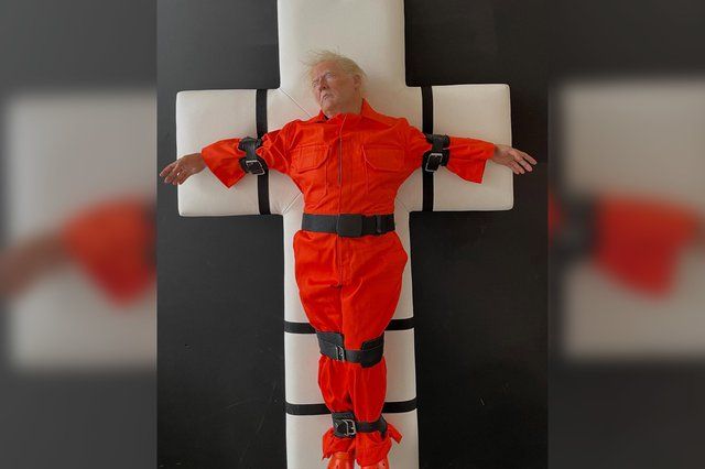 Sculpture of Trump strapped to a cross displayed in Switzerland