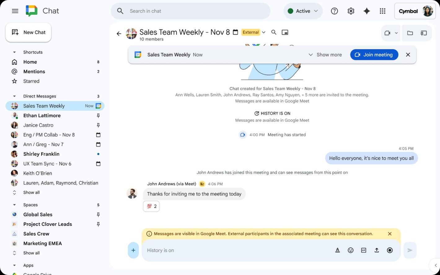 Google Meet and Chat Integration Lets You Catch Up on a Missed Meeting