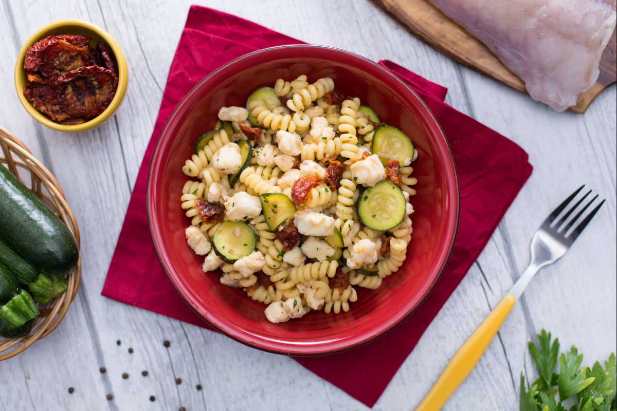 Pasta with Monkfish, Zucchini, and Sun-Dried Tomatoes