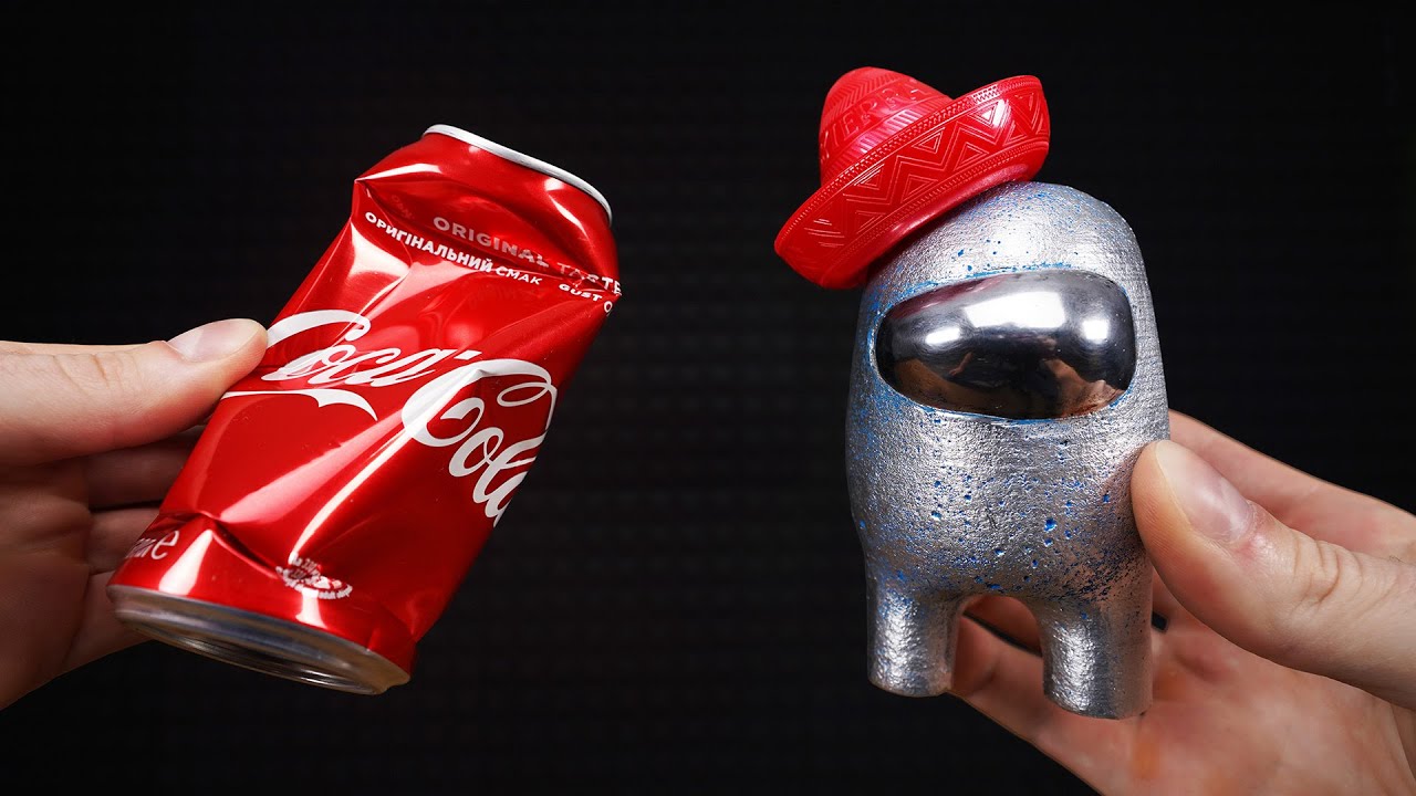 Transforming a soda can into a shiny Among Us figure with a red sombrero!