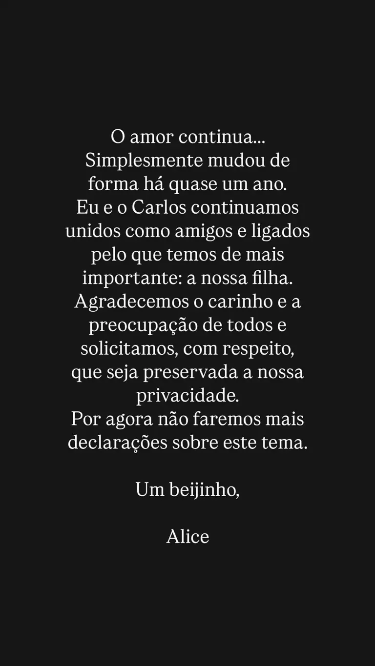 Alice Alves e Carlos Afonso separados: "O amor continua..."