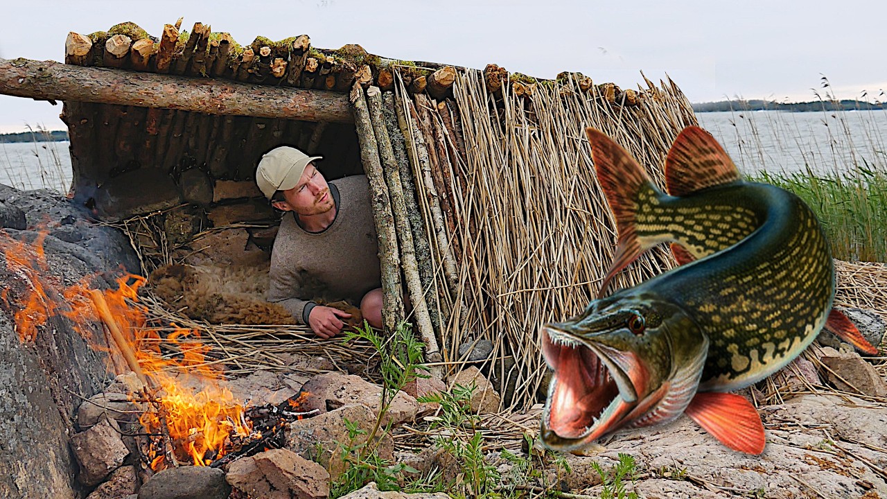 3 days survival on an island: No food, catch and cook - building a ...