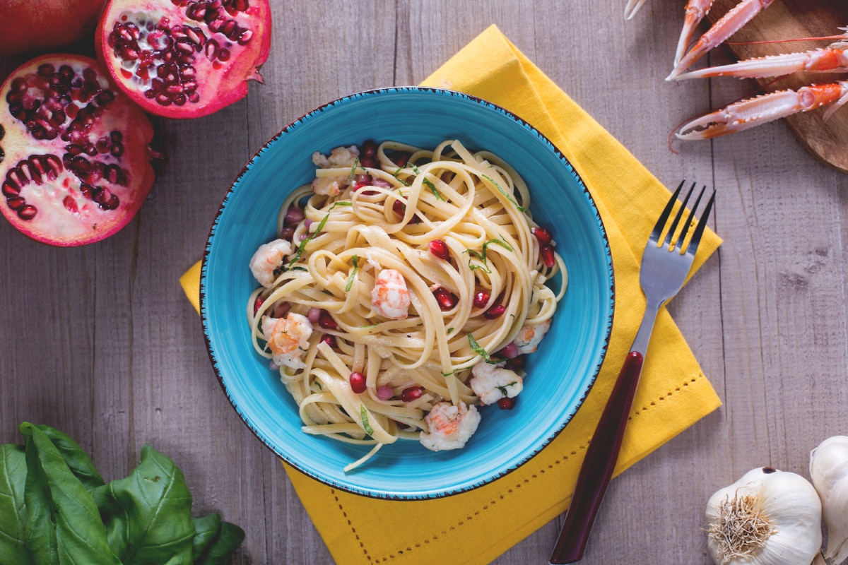 Bavette with scampi and pomegranate