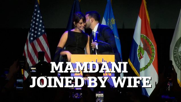 Zohran Mamdani kisses wife as he wins New York mayoral election