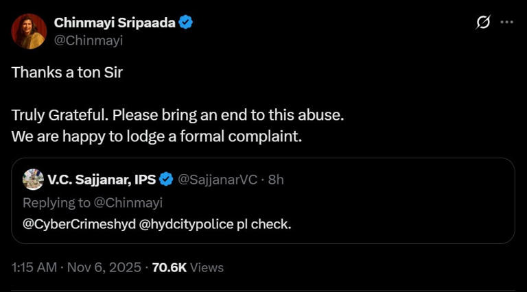 Chinmayi abused on X for husband's mangalsutra comment, police take ...