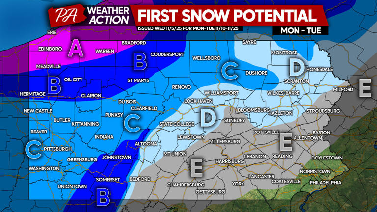 First Snow Potential of Fall '25 Comes Mon-Tue in Parts of Pennsylvania