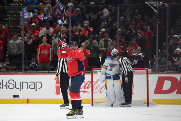Blues' Binnington tries to hide puck from Ovechkin's 900th goal