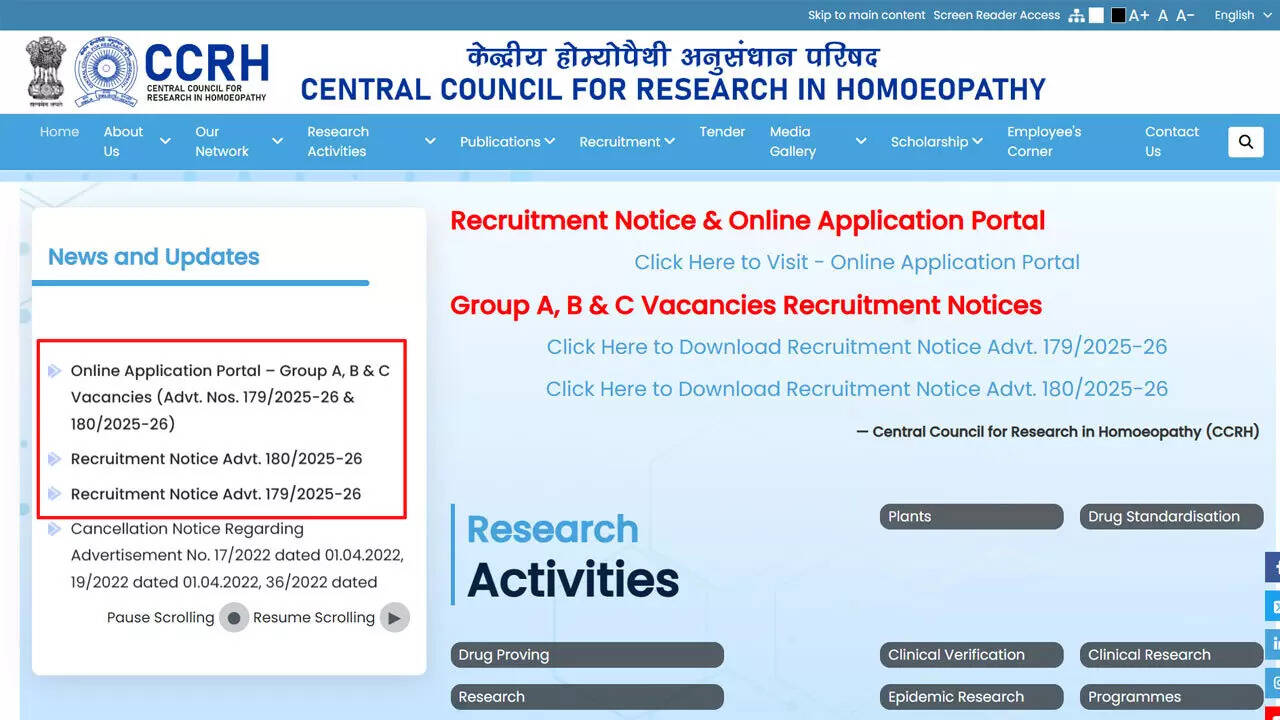 CCRH recruitment 2025: Apply online for various group A, B, C posts at ...