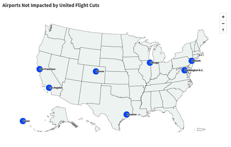 Map shows airports not impacted by United flight cuts